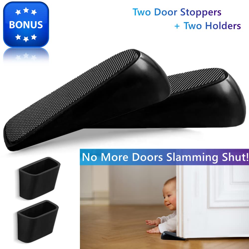 Amedoo Door Stoppers (2 Pack) Heavy Duty Door Stop Wedge Made of Premium Quality Zinc Alloy and Rubber, Comes with 2Pcs Adhesive Storage Holder. (Black, 2 Pack)