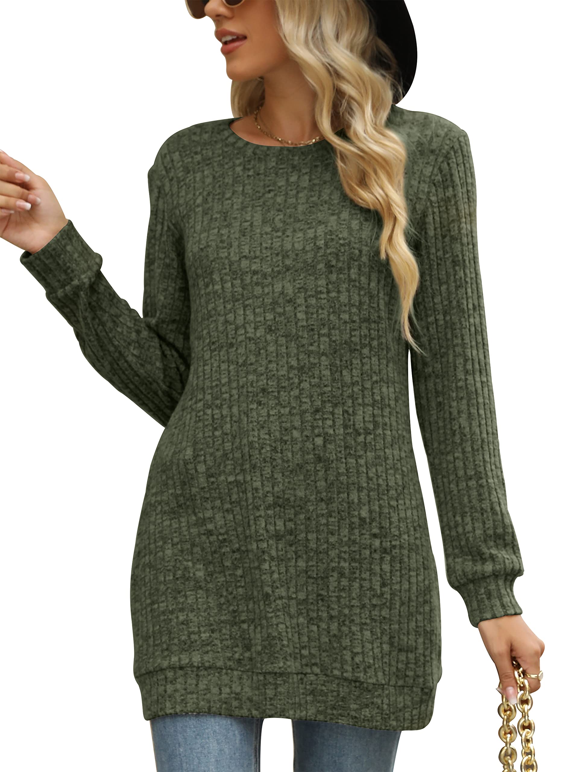 Auremore Fall Tops for Women Long Sleeve Crewneck Oversized Sweaters for Women Trendy Green