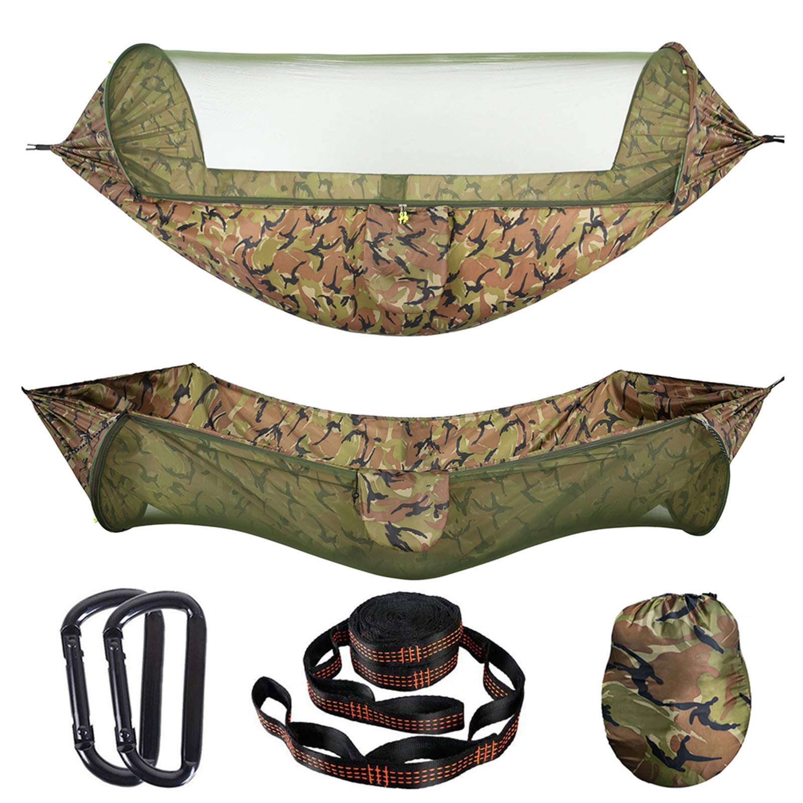 AMZQJD Camping Hammock with Automatic Pop-up Mosquito Net, Portable Single & Double Hammock with Tree Straps, Carabiners and Storage Bag for Outdoor, Travel, Hiking(Camouflage)
