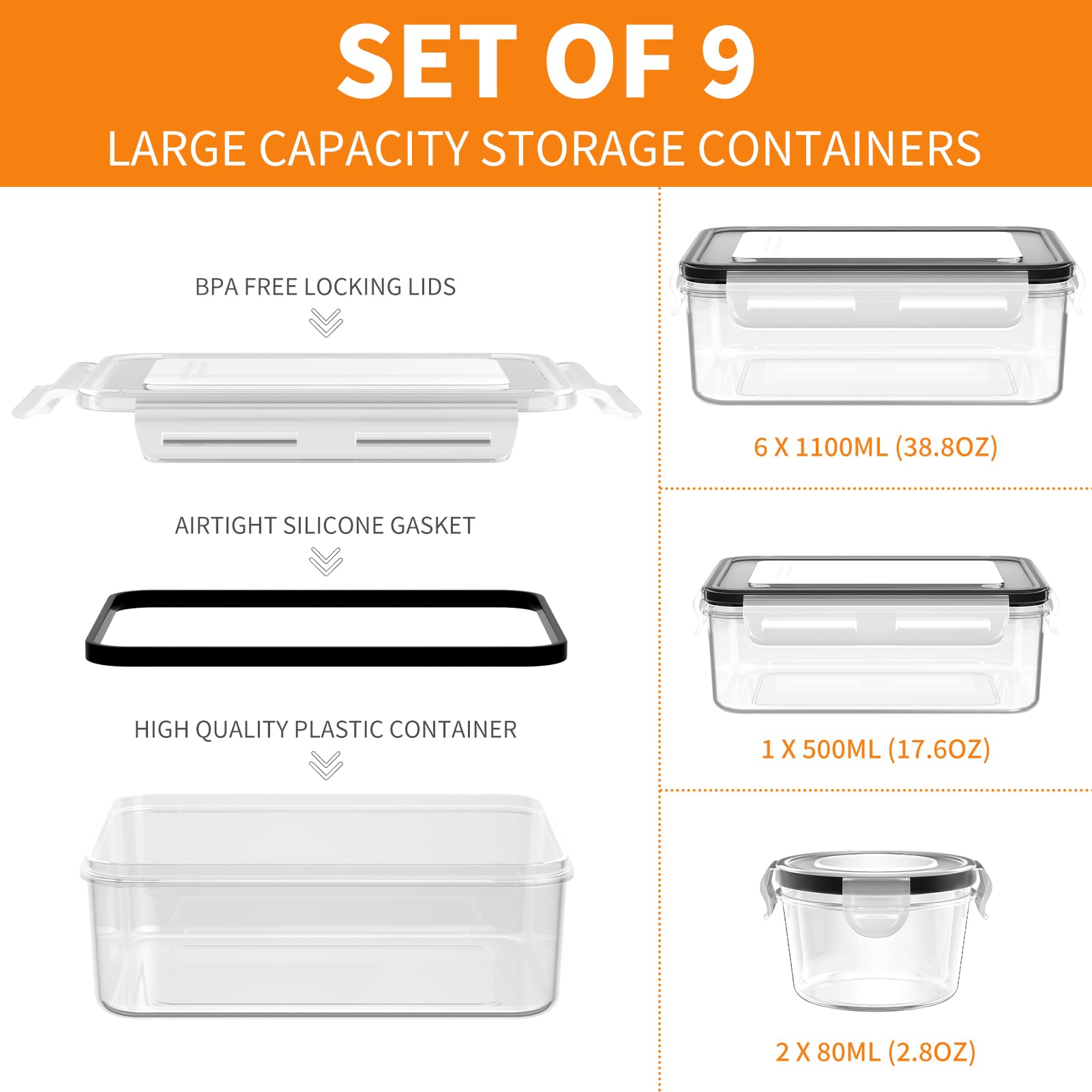 HOMETALL 18 PCS Food Storage Containers with Lids, Plastic BPA-Free Meal Prep Containers Reusable, Airtight & Leak proof Large Food Containers with Labels & Pen