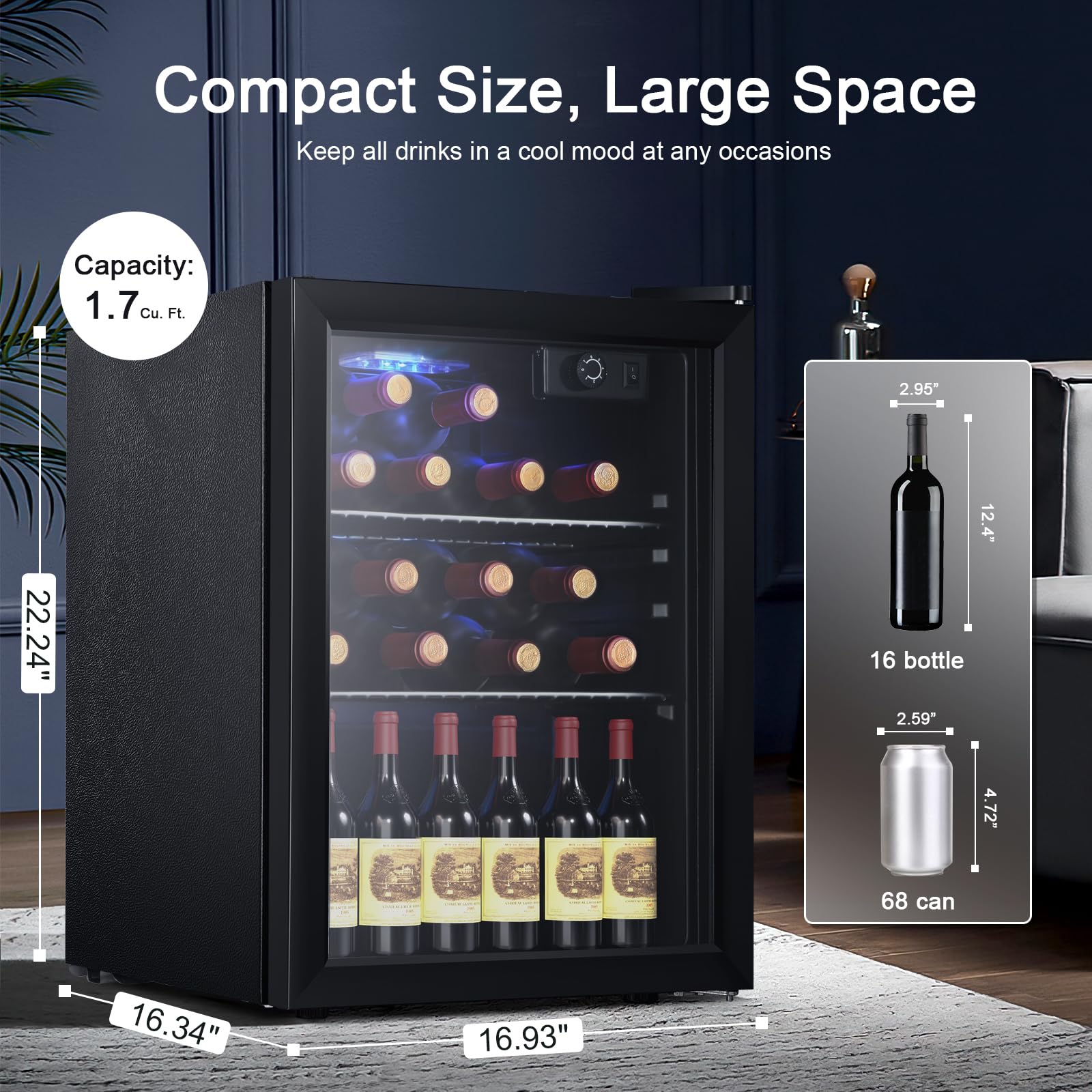 Antarctic Star Beverage Refrigerator Cooler,16 Bottle 68 Can Mini Fridge Glass Door for Beer Drinks or Wine for Home and Bar, Electronic Temperature Knob Control with Blue LED, 1.7 Cu.Ft.…