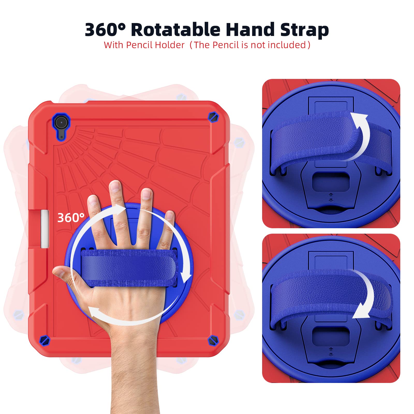 BLOSOMEET Case for iPad Air 5th/4th Generation 2022/2020 10.9" with Tempered Glass Screen Protector Pencil Holder, Protective Kids Case for iPad Air 5/Air 4 with Hand Shoulder Strap Stand,Red Blue