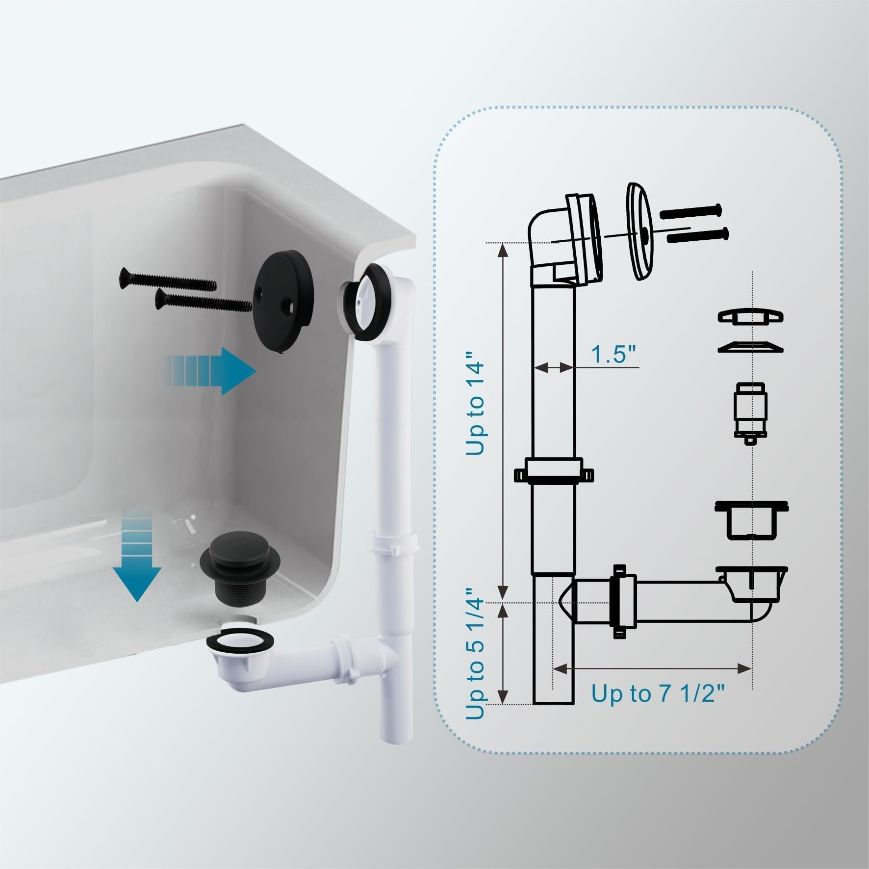 Black Tubular Tub Drain Kit with Welsan Tip-Toe Bathtub Drain Stopper, Touch-Toe Bath Plug Waste and Overflow Face Plate, 1-1/2" PVC Plastic Pipe (Matte Black)