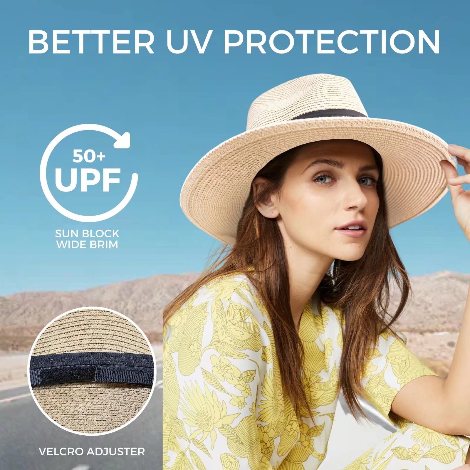 accsa Women Panama Straw Hat Classic Wide Brim Sun Hat for Beach Adjustable Summer Fedora Hat for Ladies UPF 50+