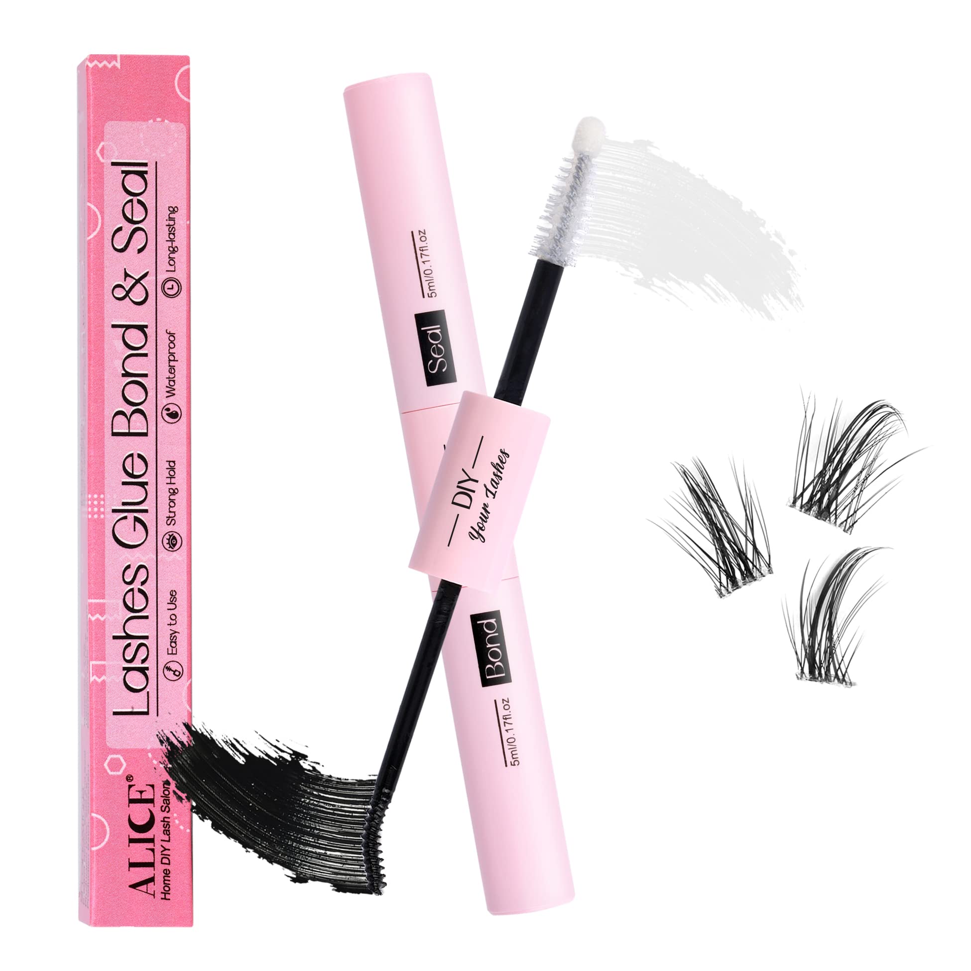 ALICE Lash Bond and Seal, Cluster Lashes Glue for DIY Eyelash Extensions, Individual Lash Glue Super Strong Hold Latex Free Waterproof Adhesive Eyelash Extension Glue (5ml×2)