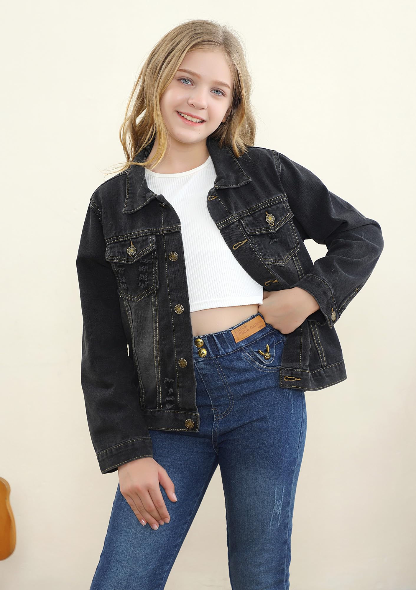 Cromoncent Boys Girls Child Casual Denim Jacket Kids Toddler Button Down Coat,Denim Black 5-6Y