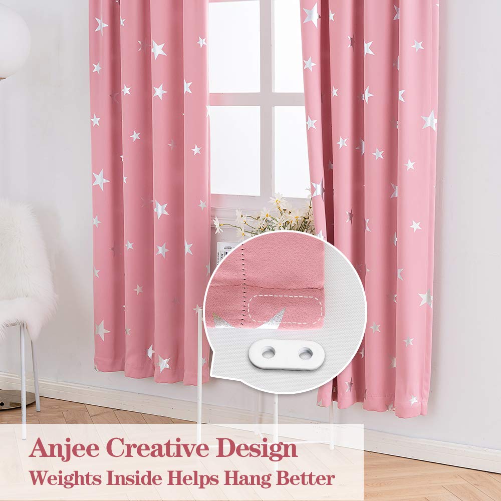 Anjee Kids Blackout Curtains for Girls Room with Foil Print Star Pattern Window Drapes for Bedroom, 38 x 45 Inches, Pink