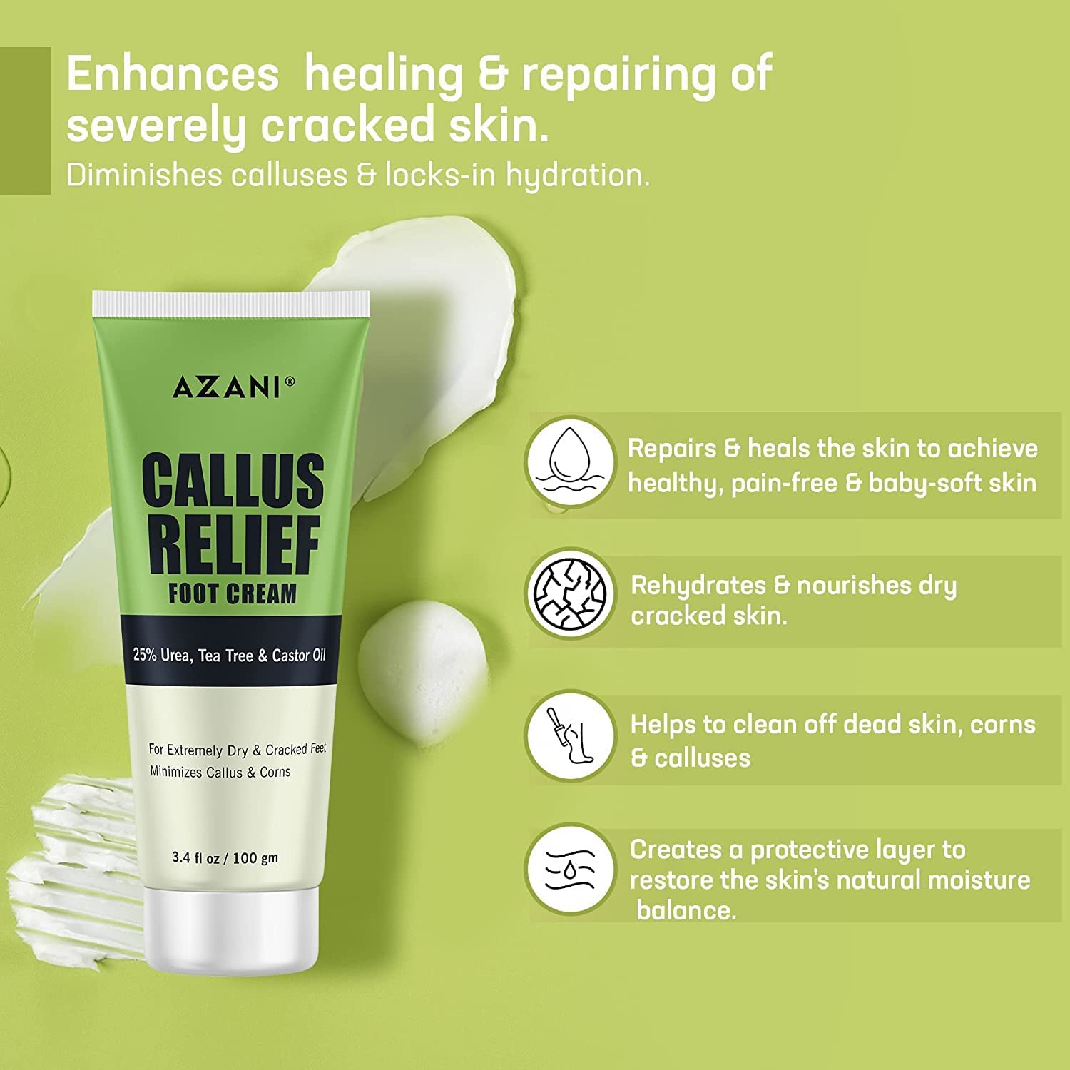 AZANI Callus Relief Foot Cream | 25% Urea, Castor & Tea Tree Oil| For Callus & Corns, Extreme Cracked Feet, Hands, Heels, Elbows, Nails, Knees| Intensive Exfoliator & Moisturizer| 3.5 Oz, 1 Pack