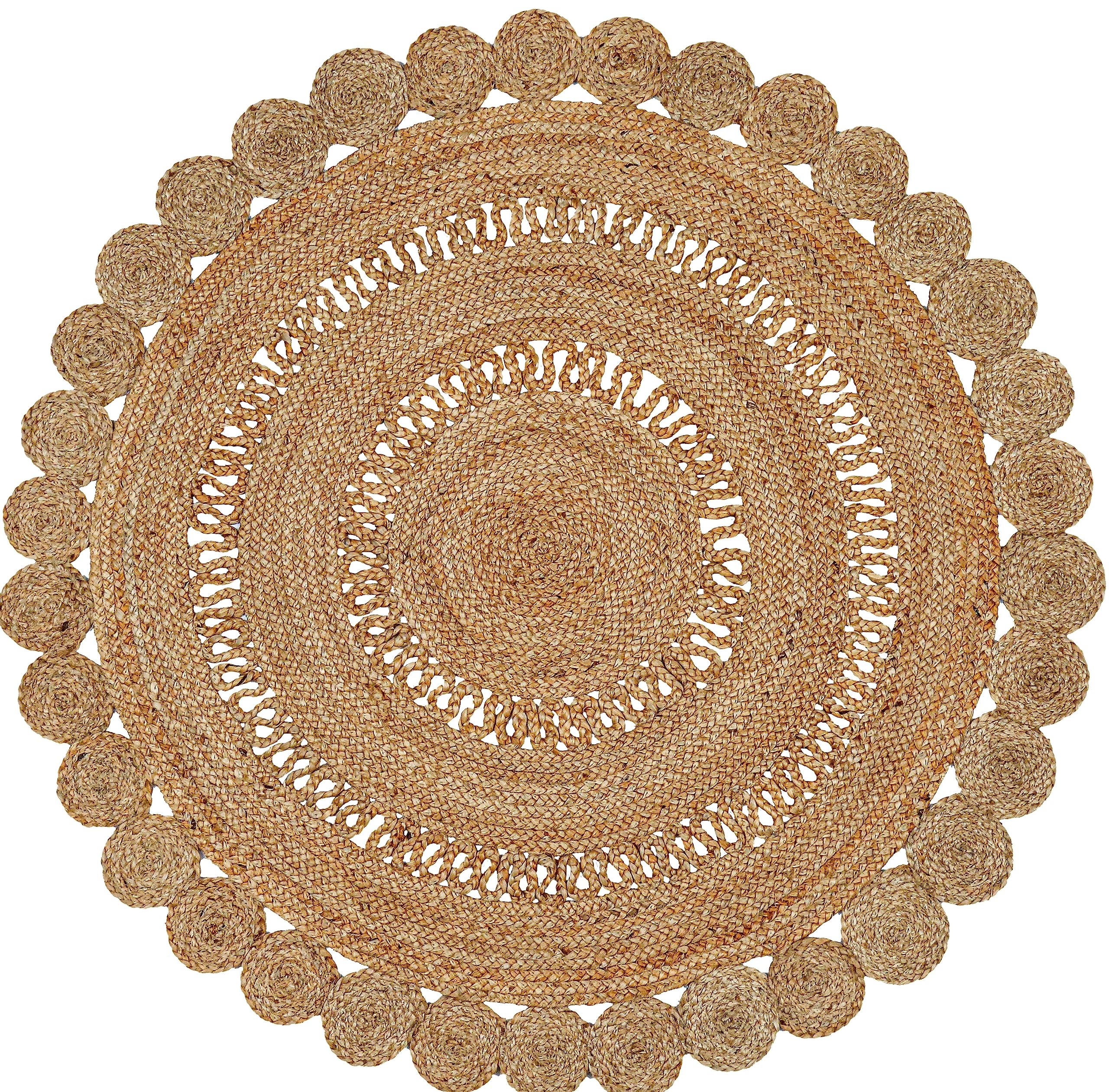 Limecasa,Hand Woven Farmhouse Jute Area Rug 3 Ft Round Natural Yarn, Rustic Vintage Beige Braided Reversible Rug, Eco Friendly Rugs for Bedroom, Kitchen, Living Room, Farmhouse 100% Jute Rug