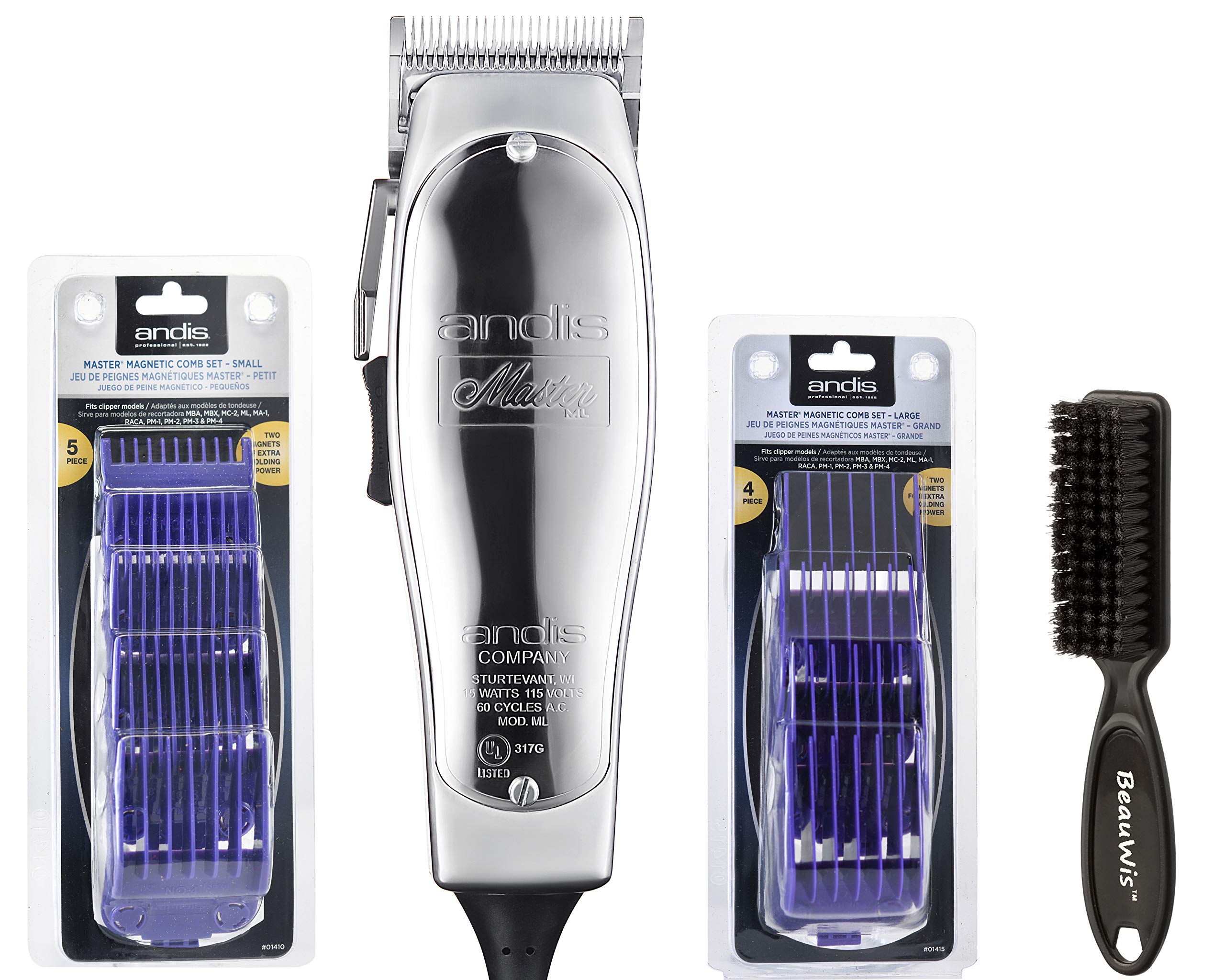 Andis Master Hair Adjustable Blade Clipper, Andis Master Dual Magnet 5-Comb Set, Andis Master Dual Magnet Large 4-Comb Set, BeauWis Blade Brush
