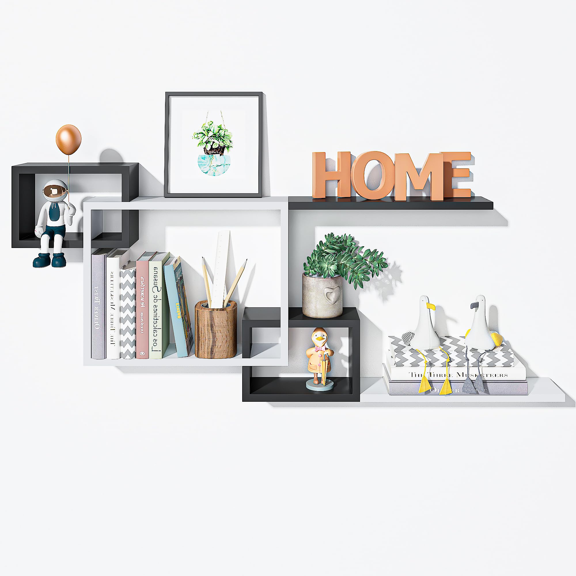 Black&White Intersecting Square Floating Shelves for Wall Decor Modern Decorative Cube Wall Shelves for Display Geometric Boxes Shelves Wall Decoration for Living Room,Dining Room,Bedroom,Home-Pine