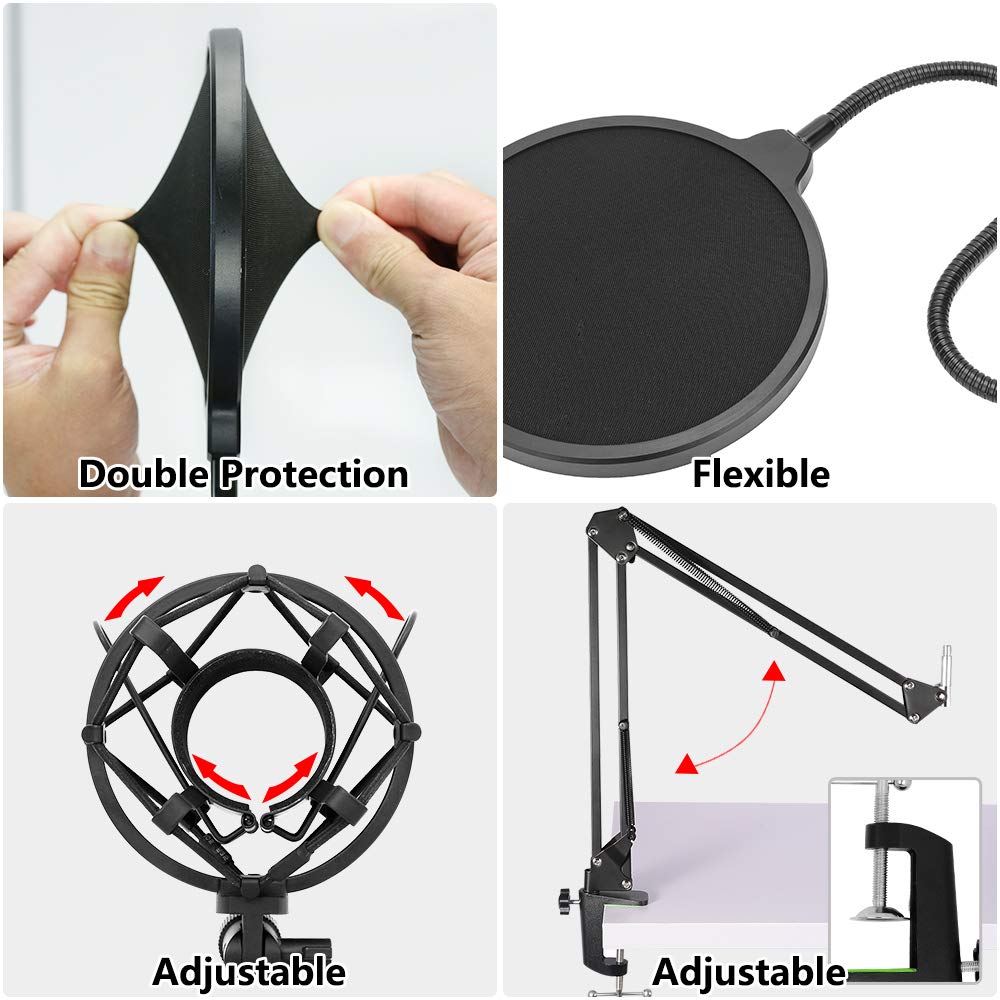 Ankuka Studio Condenser USB Microphone for Computer, Plug & Play Podcast Mic Kit with Adjustable Arm Stand Shock Mount for for Recording, Gaming, Singing, YouTube