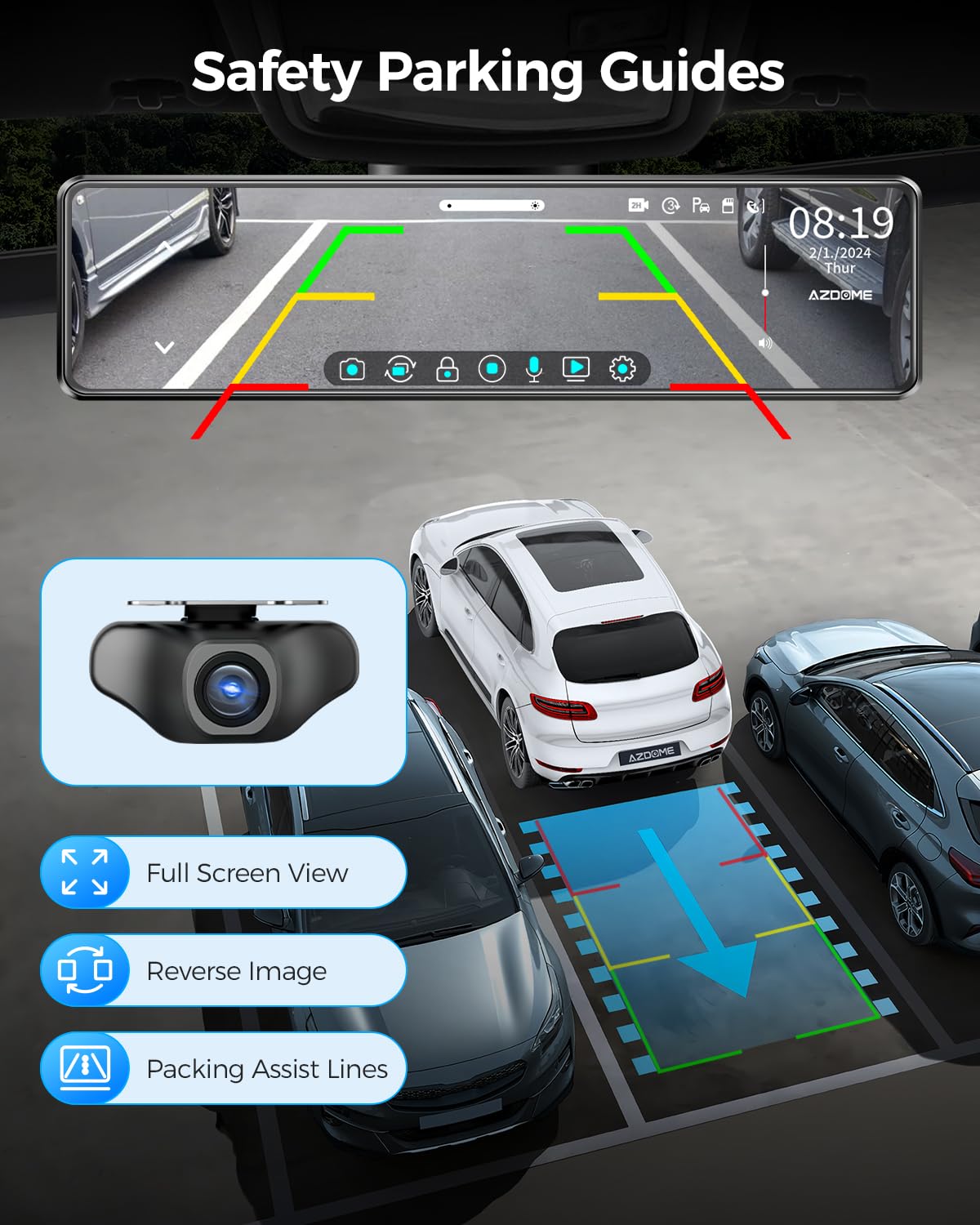AZDOME 12" Mirror Dash Cam with 4K Detached Front Camera, Rear View Mirror Camera with Sony IMX335, WDR Night Vision, GPS, IPS Full Touch Split Screen, Free 64GB Card, Parking Assistance PG18S