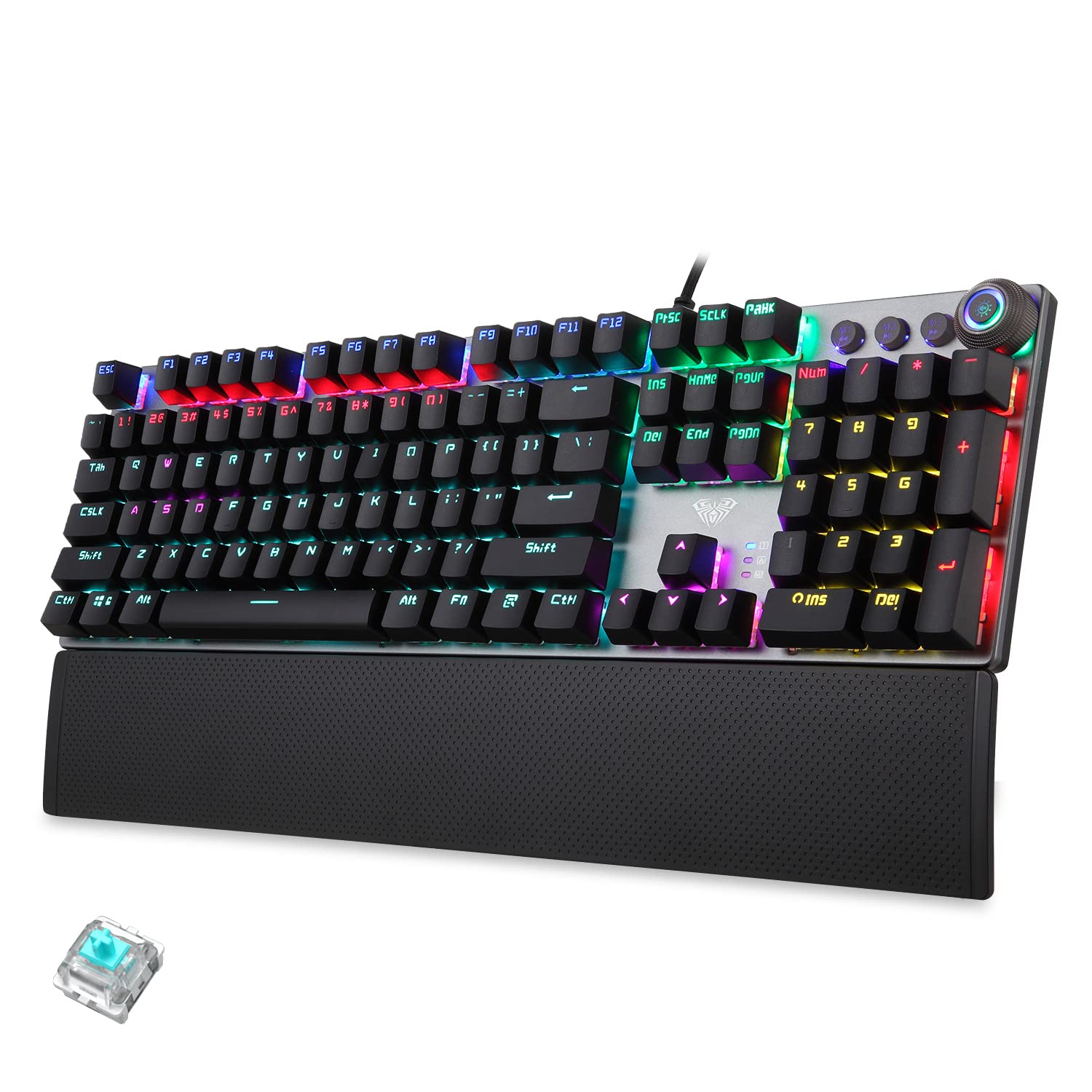 AULA F2088 Mechanical Gaming Keyboard,Clicky Blue Switches,Rainbow LED Backlit,Volume Controls,Removable Wrist Rest,Punk Cool Square Keys,Macro Programmable Wired Computer Keyboard