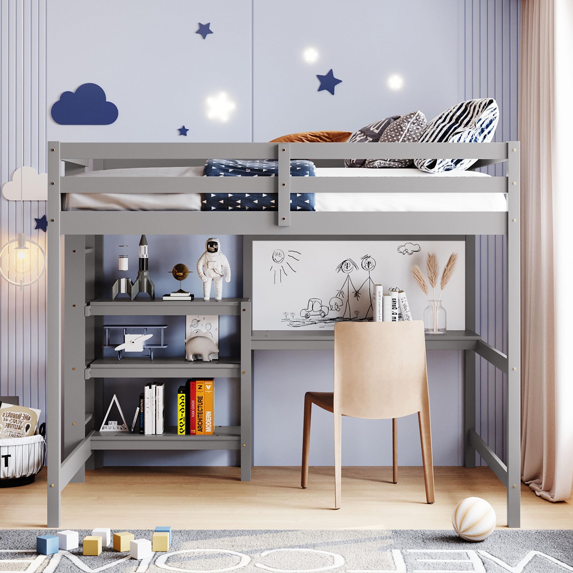 BIADNBZ Full Size Loft Bed with Desk, Shelves and White Writing Board, Wooden High LoftBed Frame, for Kids Teens Bedroom, Gray