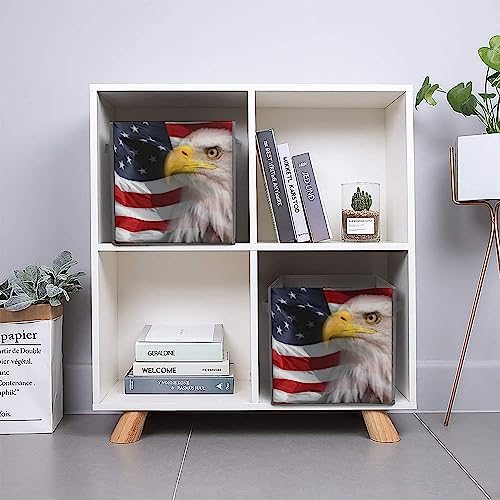 American Bald Eagle USA Flag Storage Cubes with Handles Foldable Fabric Bins Organizing Baskets for Shelves Closet