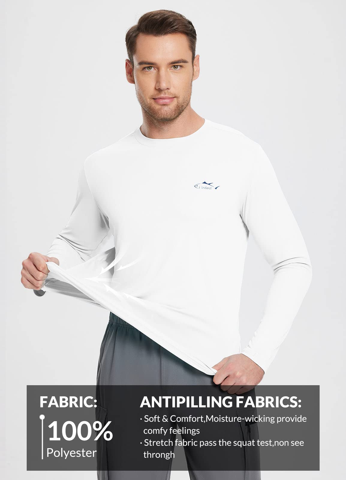 BALEAF Men's Fishing Shirts Long Sleeve Performance UPF 50+ Sun Protection SPF T-Shirts Swimming Quick Dry White XL