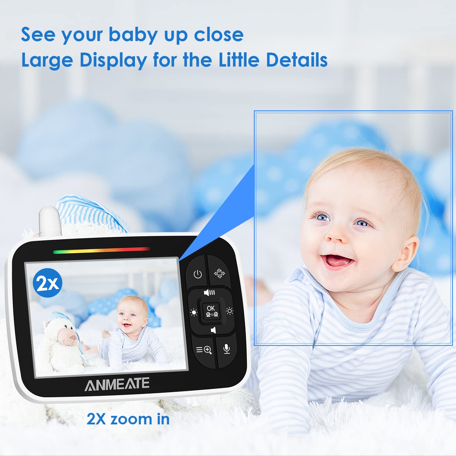 ANMEATE Baby Monitor with Remote Pan-Tilt-Zoom Camera, 3.5inch Large Display Video Camera,Audio |Infrared Night Vision |Two Way Talk | Room Temperature| Lullabies 960ft Range