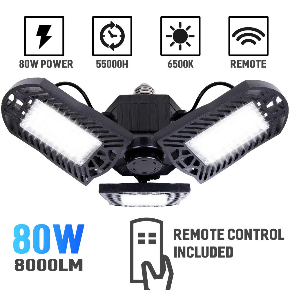 ALUOCYI Led Garage Light with Remote Control, 80W Deformable Garage Light with 3 Adjustable LED Panels, 8000 Lumens, 6500K Daylight, E26/E27 Super Bright Bulb for Warehouse, Barn, Workshop, Yard