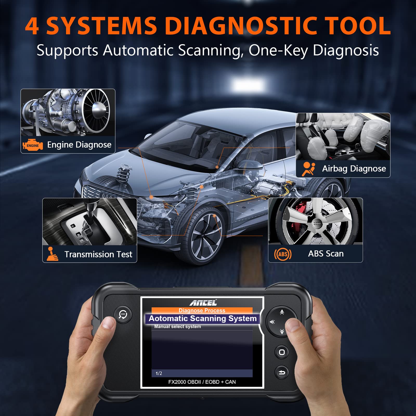 ANCEL FX2000 OBD2 Scanner Diagnostic Tool, ABS SRS Transmission Airbag Car Scanner, Check Engine Car Code Reader, Automotive Scan Tool for All Cars