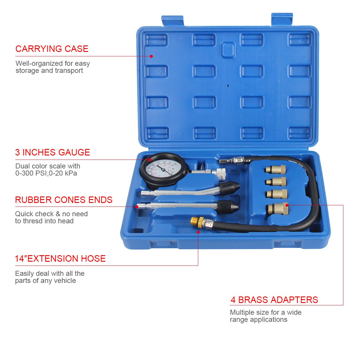 AutoRocking Petrol Cylinder Compression Tester Kit Gas Engine Leakage Diagnostic Tools 0-300 PSI Dual Scale Pressure Gauge Extension Hose Spark Plug Adapters for Car Motorcycle Lawn Mower