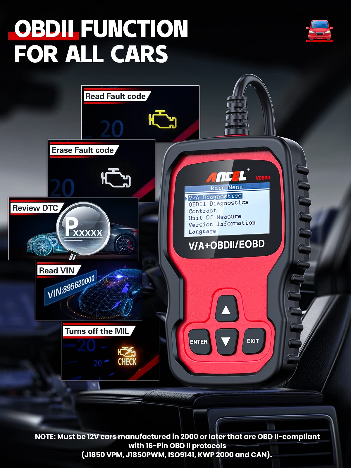 ANCEL VD500 Pro OBD2 Reader for Volkswagen VW Audi Skoda Seat Diagnosis Check Engine Light EPB ABS SRS Code Reader Oil Throttle Position Adaption Service Due Reset Tool