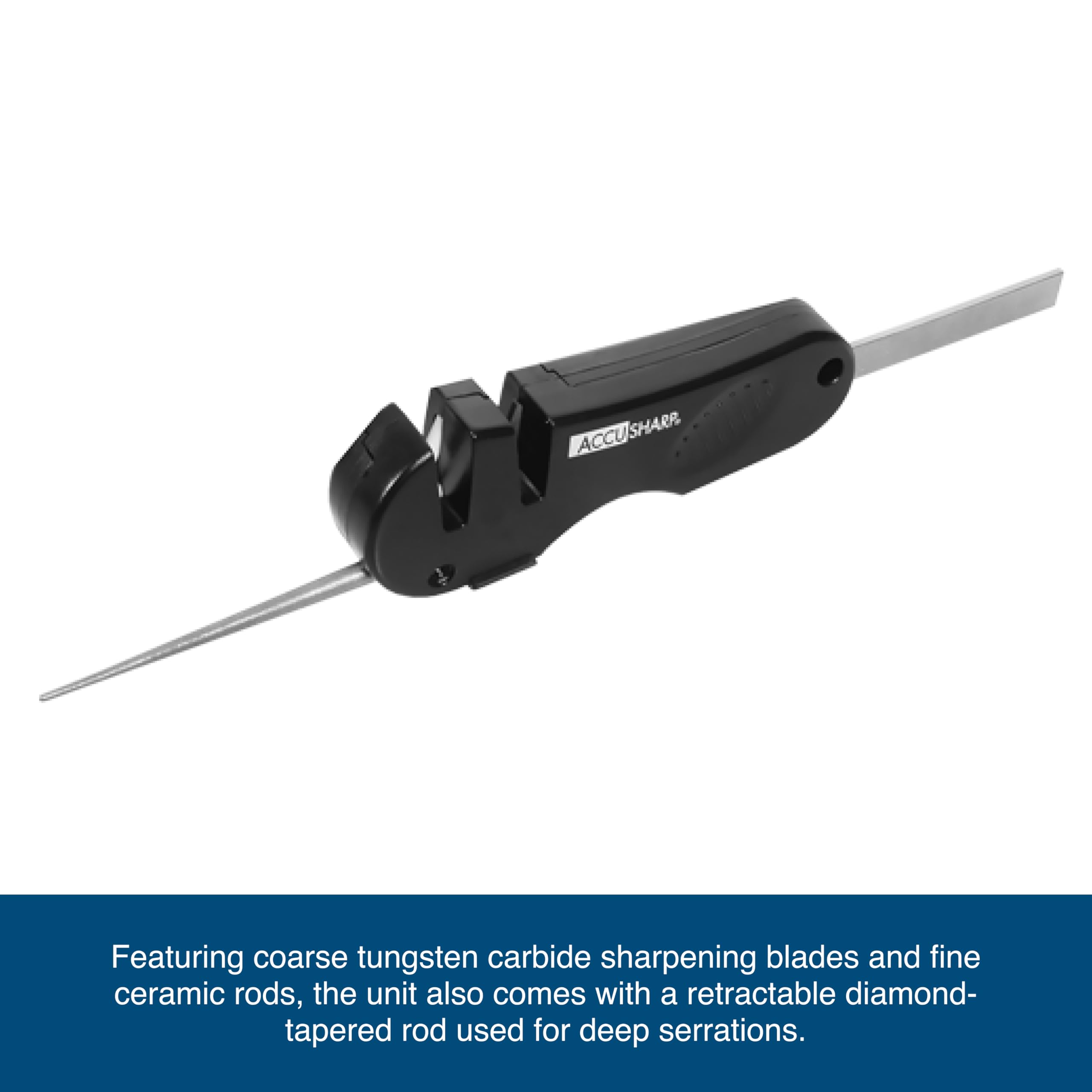 AccuSharp 4-in-1 Knife & Tool Sharpener, Coarse Tungsten Carbide Sharpening Blade & Ceramic Rod with Retractable Diamond-Tapered Rod for Knives, Fish Hooks & Tools, Black
