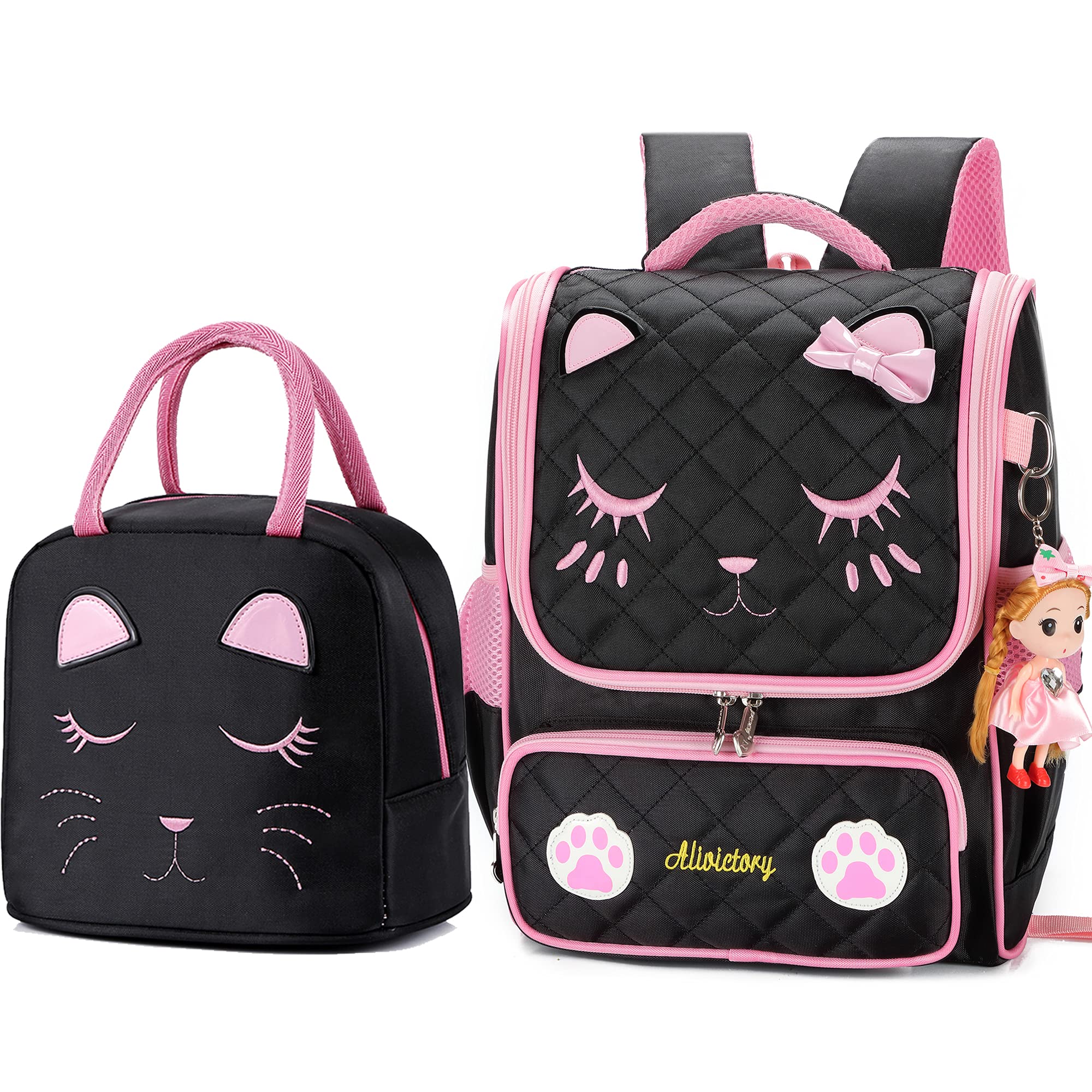 Backpacks for Girls,Kids Backpack Cat Face Backpack for Teen Girls Backpack for Girls Elementary School (Black Set-Large)