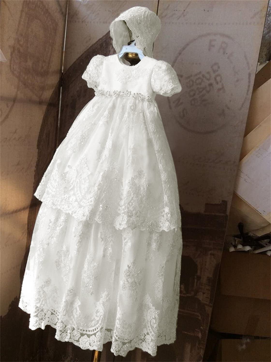 Newdeve Long Baptism Dresses for Baby Girls Christening Gowns Toddler with Bonnet White