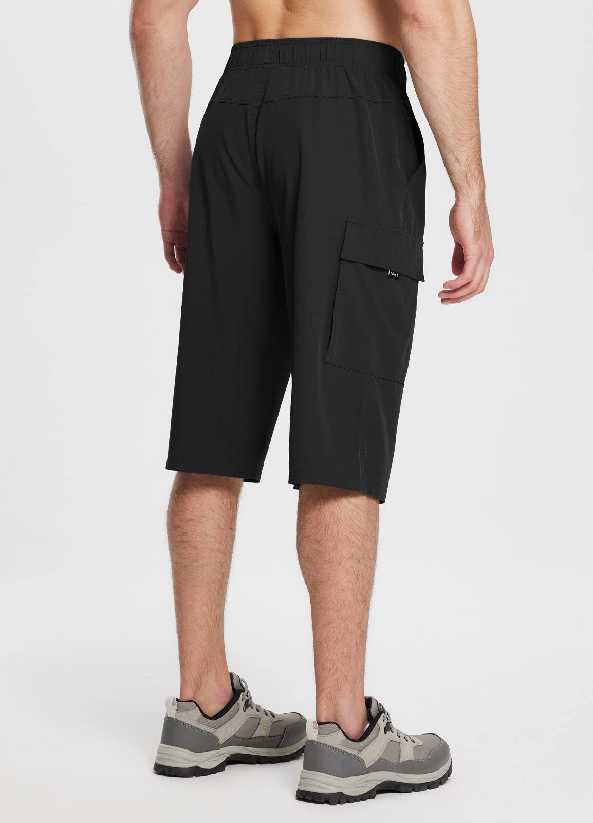 BALEAF Men's Long Shorts Below Knee 15" Capri Pants Hiking Cargo Pockets Quick Dry Lightweight Elastic Waistband Gym Black 2XL