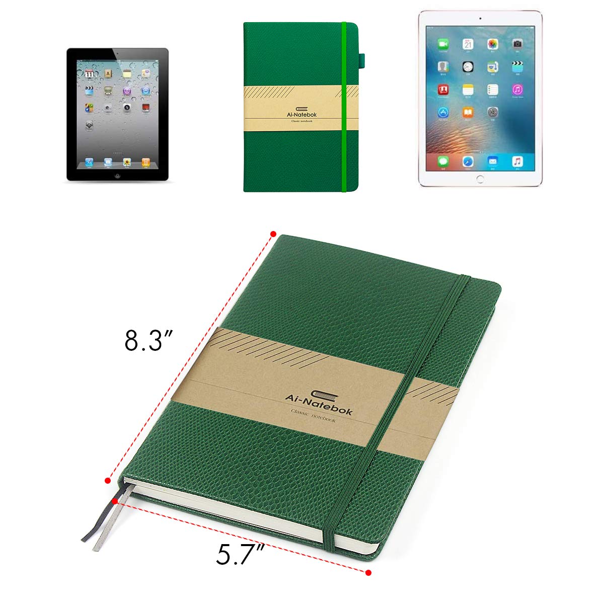 ai-natebok Hardcover Notebook Journal Lined Journal for Writing, 180° Lay Flat Design,Thick Paper with Back Pocket, Elastic Closure,192 Pages, 5.7 x 8.3 Inch (Green, Ruled)