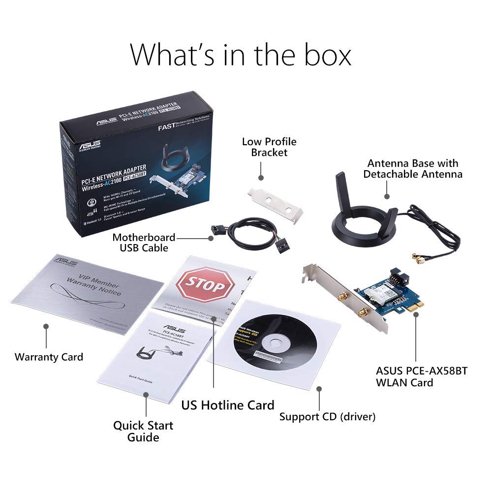 ASUS Dual Band 802.11AC Wireless-AC2100 PCI-e Bluetooth 5 Gigabit WiFi Adapter, 160MHz Support (PCE-AC58BT)