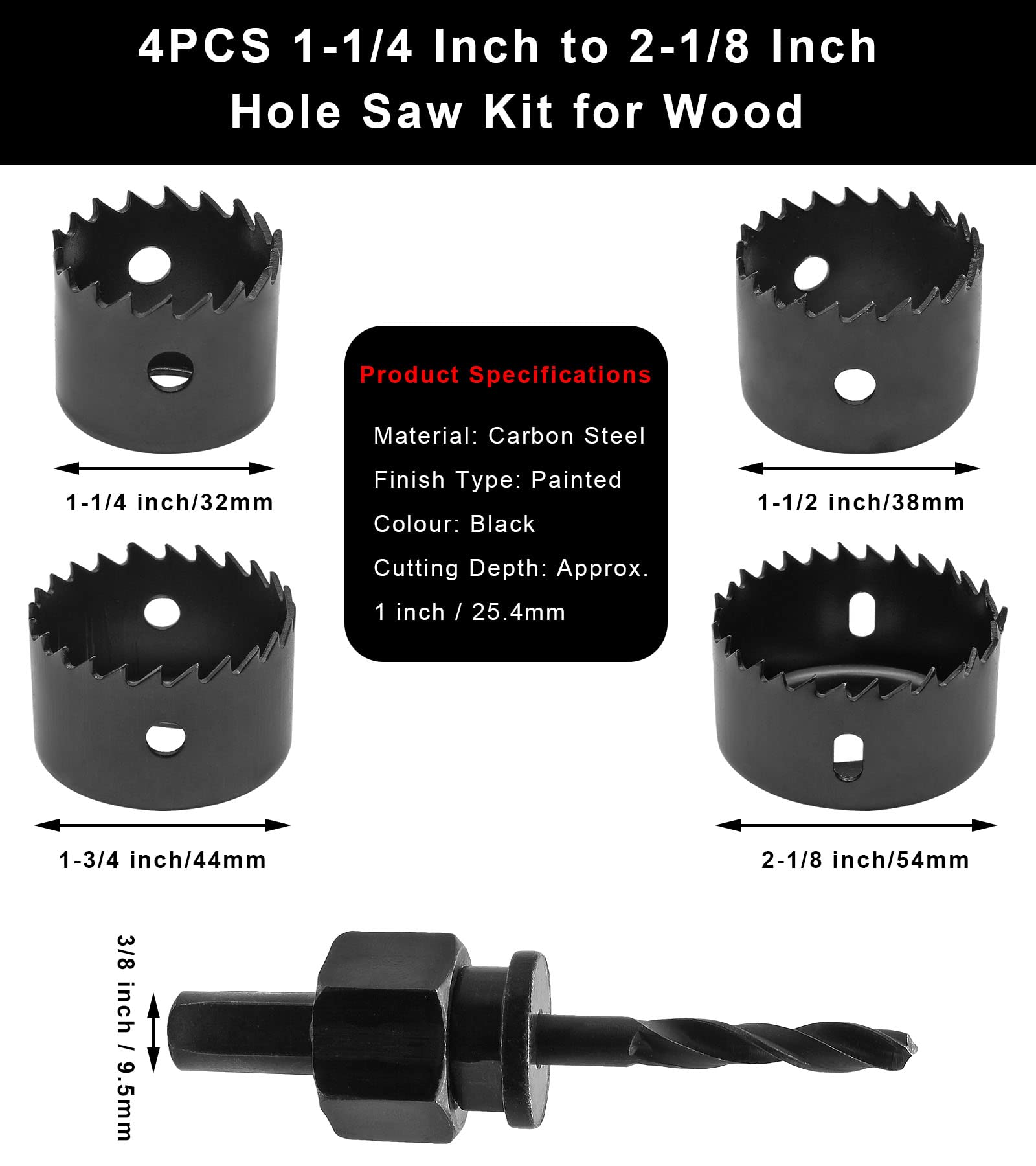 Aracombie 4PCS 1-1/4 Inch to 2-1/8 Inch Hole Saw Kit for Wood, 1.2 Inch Cutting Depth Hole Cutter Drill Bit with Mandrel, Round Hole Saw Set for Cornhole Boards Plastic Drywall Soft Metal (Black)