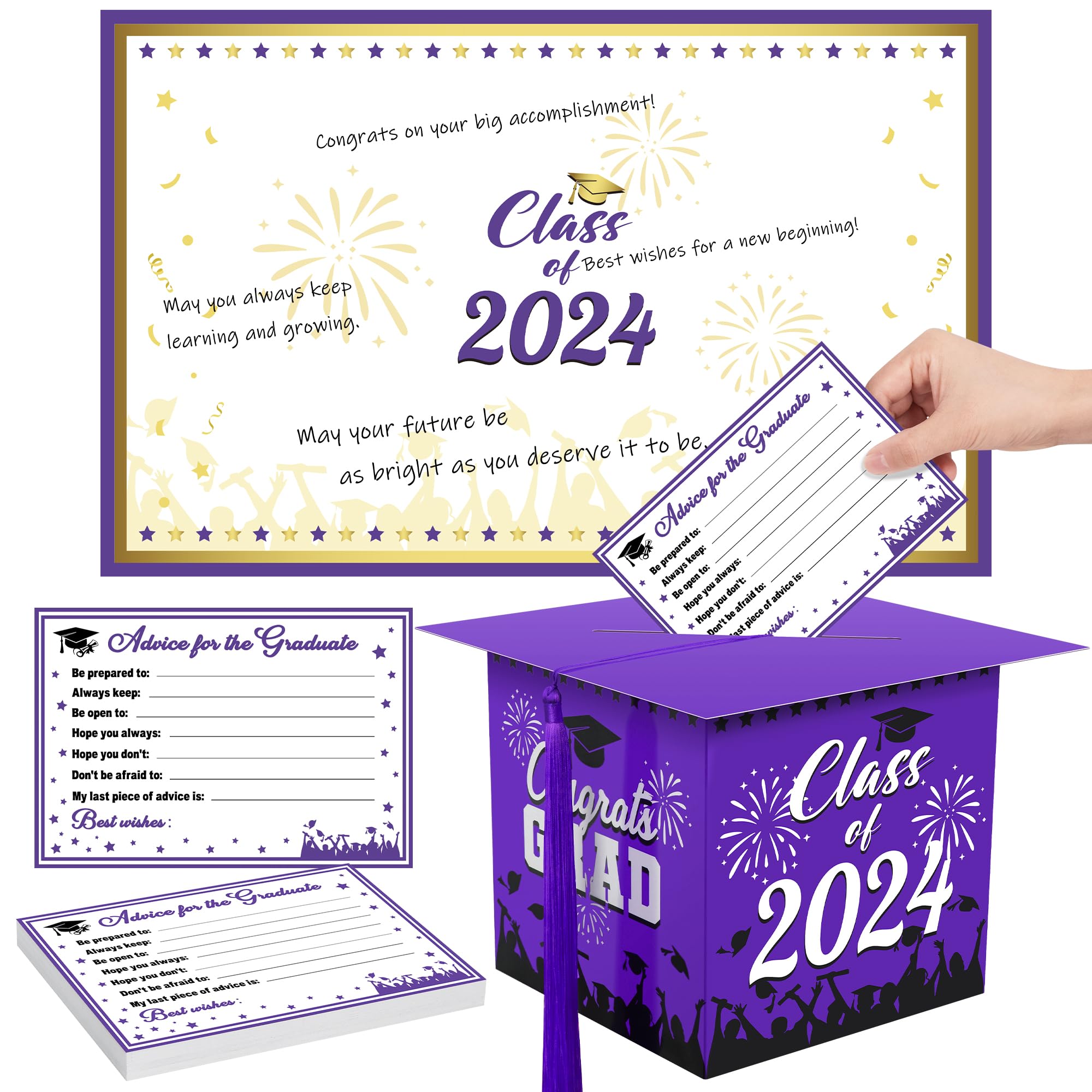 Graduation Decorations Class of 2024, Original Graduation Cap Shaped Card Box with Tassel, 60 PCS Grad Advice Cards and Guest Signature Board, Card Box for Graduation Party 2024, Graduation Box