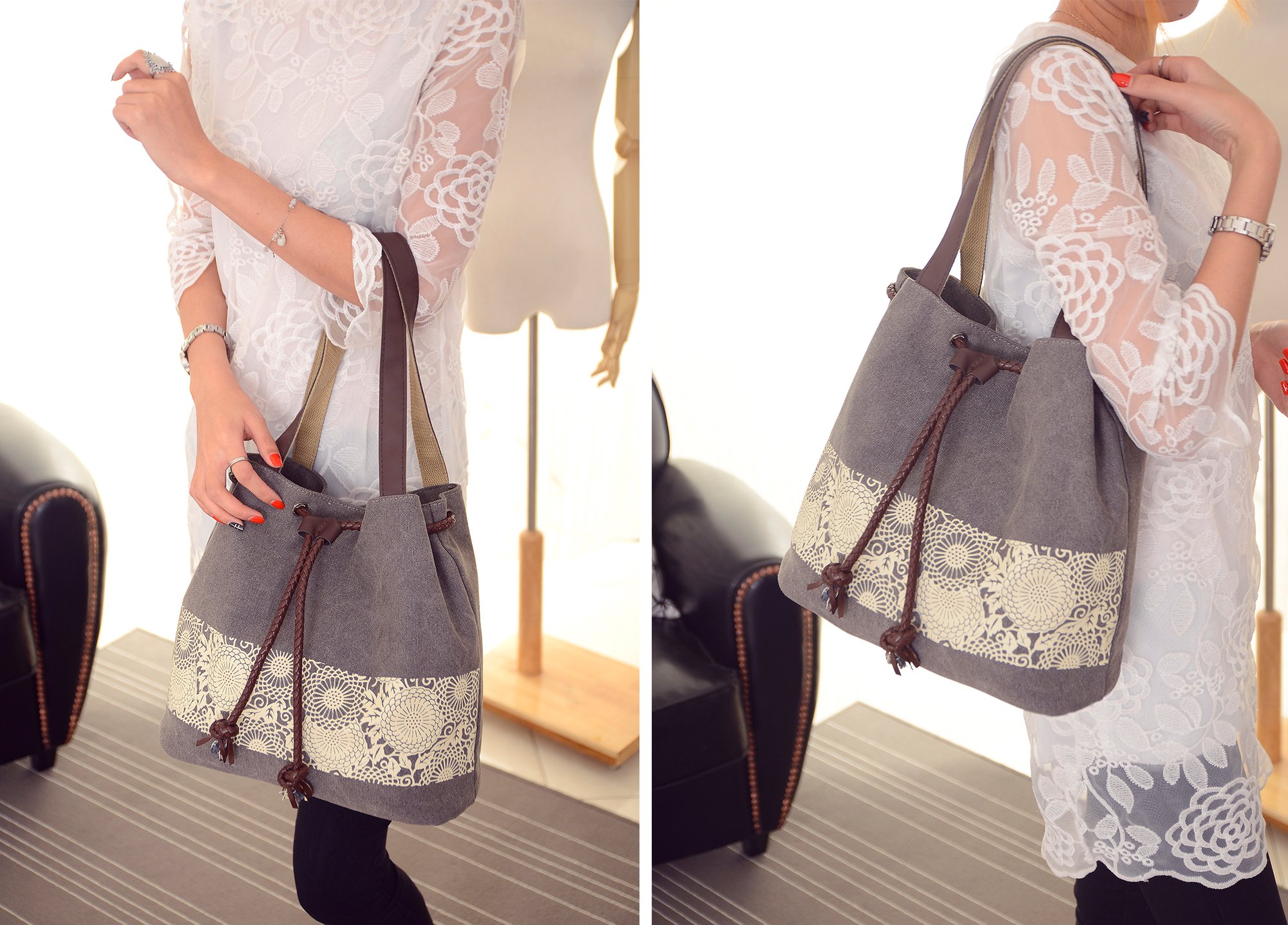 ArcEnCiel Canvas Tote Bag for Women Shoulder Purse Beach Handbags Work Travel Shopping Pack (Gray)