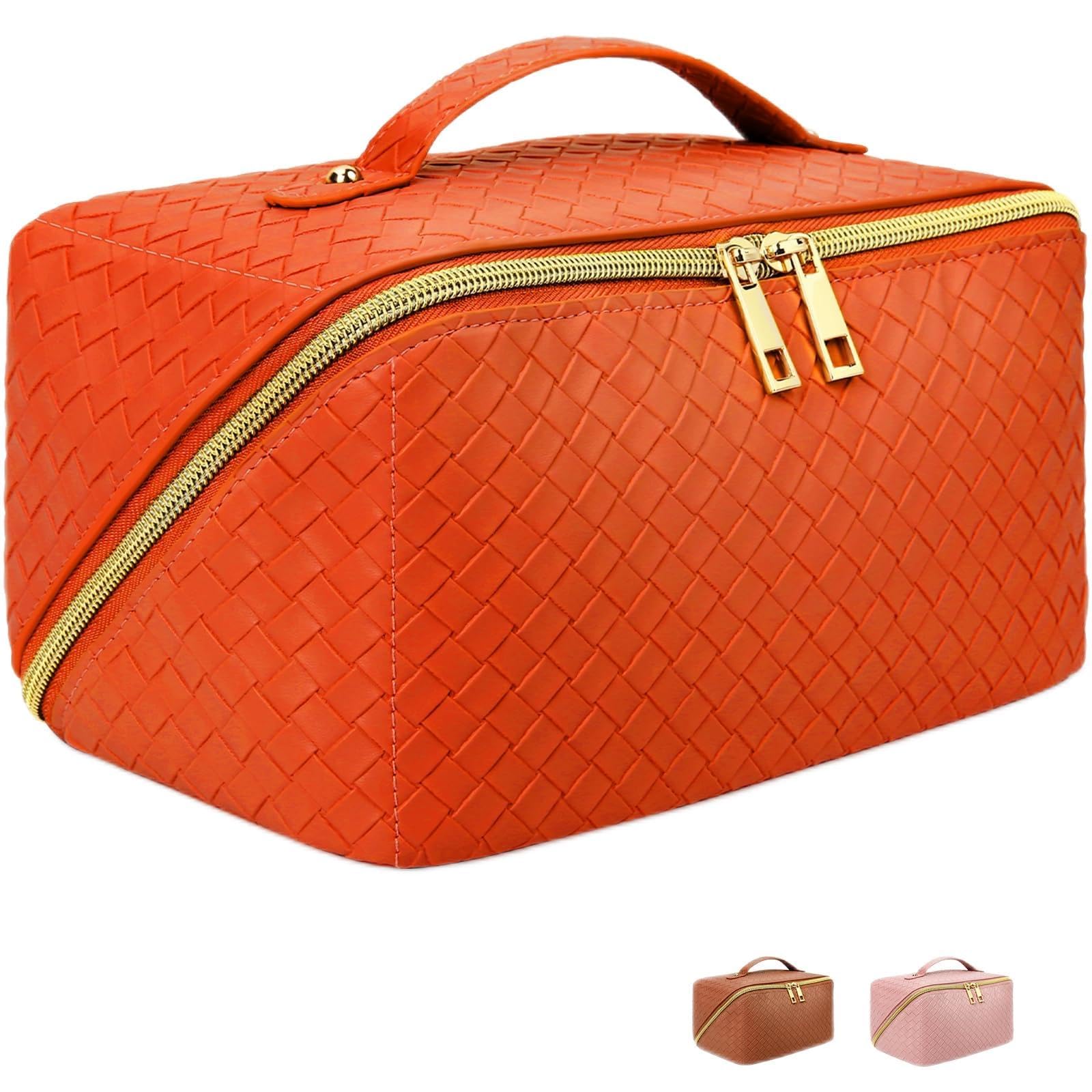 AURUZA Travel Cosmetic Bag,Large Capacity Makeup Bag With Handle and Divider Flat Lay Makeup Organizer Bag, Portable Toiletry Bag,Makeup Storage Bag,Makeup Brush Bag for Women (Orange)