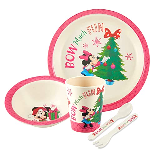 Bamboo Kids’ 5-Piece Dinnerware Set By Zrike Brands-Tableware Set With Dinner Plate, Bowl, Cup, Fork & Spoon- BPA-Free Disney Toddlers Feeding Set- Great Holiday Gift MINNIE JOY 5PC BAMBOO SET