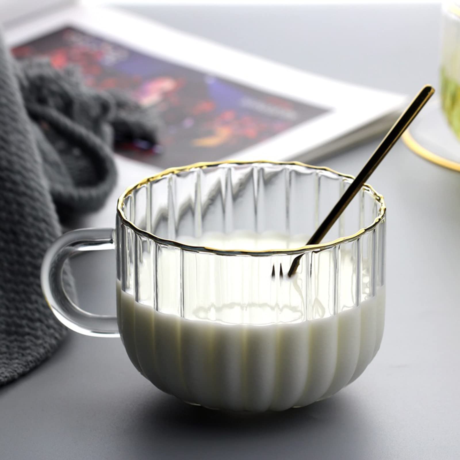 amokk Clear Glass Mugs Tea Cup and Saucer with Spoon for Coffee, Milk, Tea 15 Oz