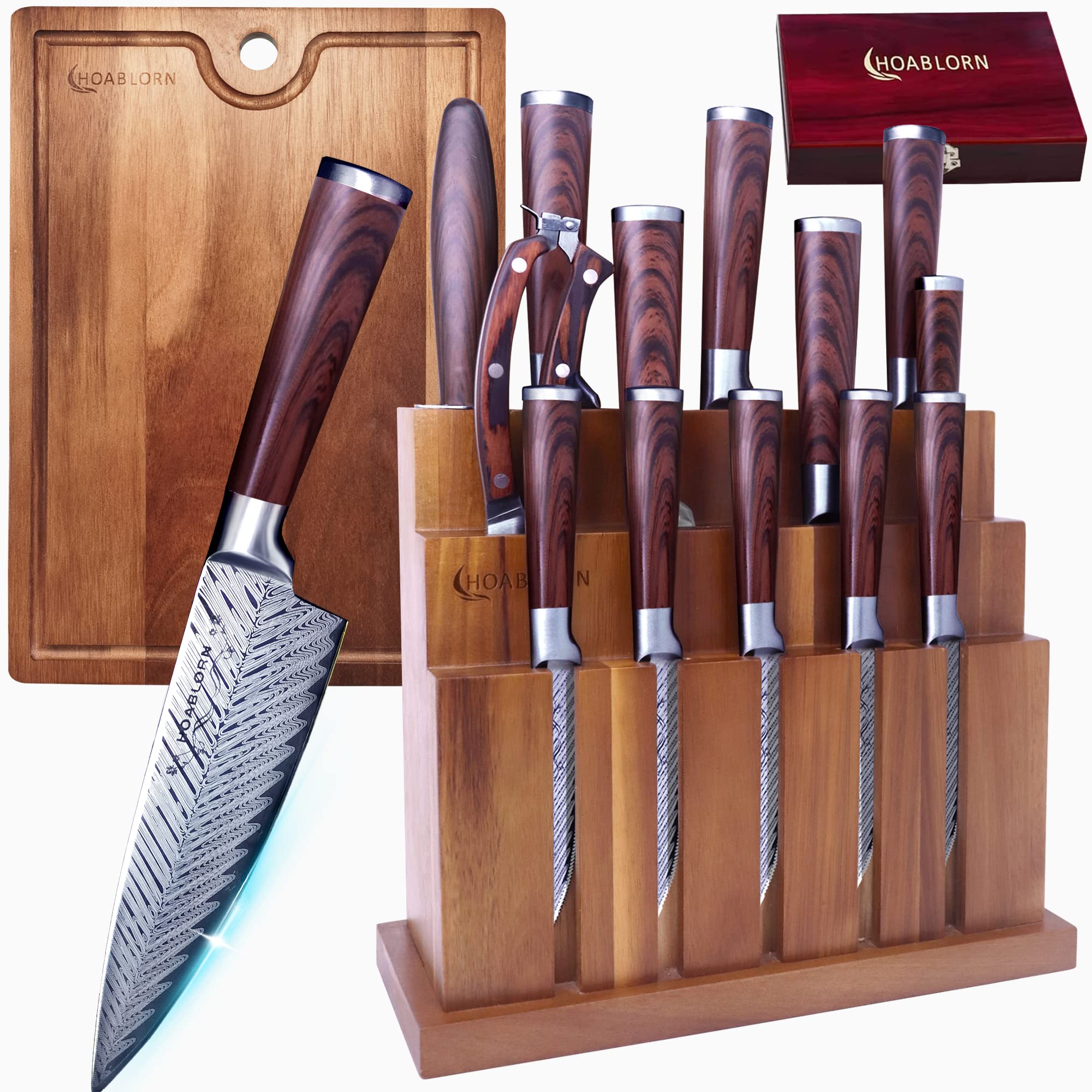 ChefHoablorn Damascus Knife Block Set 15PCS Kitchen Knife Set with Block Premium Chef Knife Set Stainless Steel Handle, Japanese Knife Set, Cutting Board, Wine Corkscrew Set Perfect Housewarming Gift