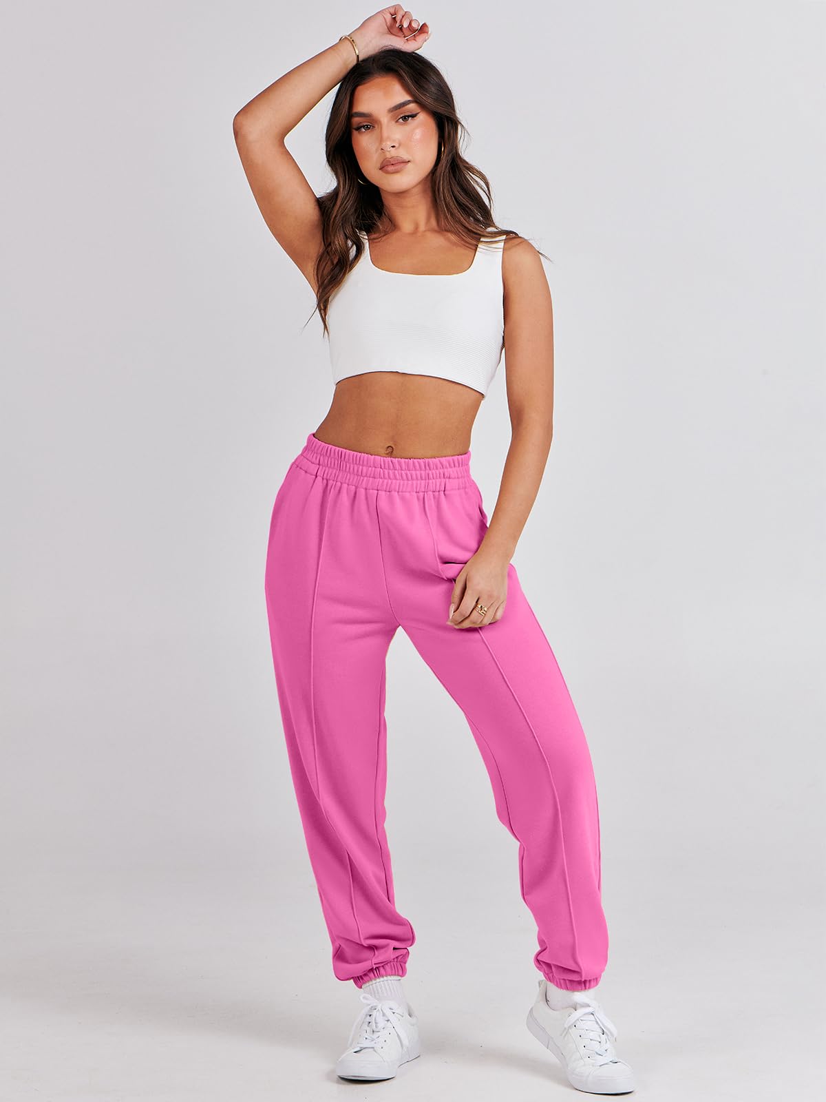 ANRABESS Women's High Waist Sweatpants Workout Athletic Joggers Pants Baggy Lounge Cinch Bottoms with Pockets 2024 Fall Hot Pink X-Large