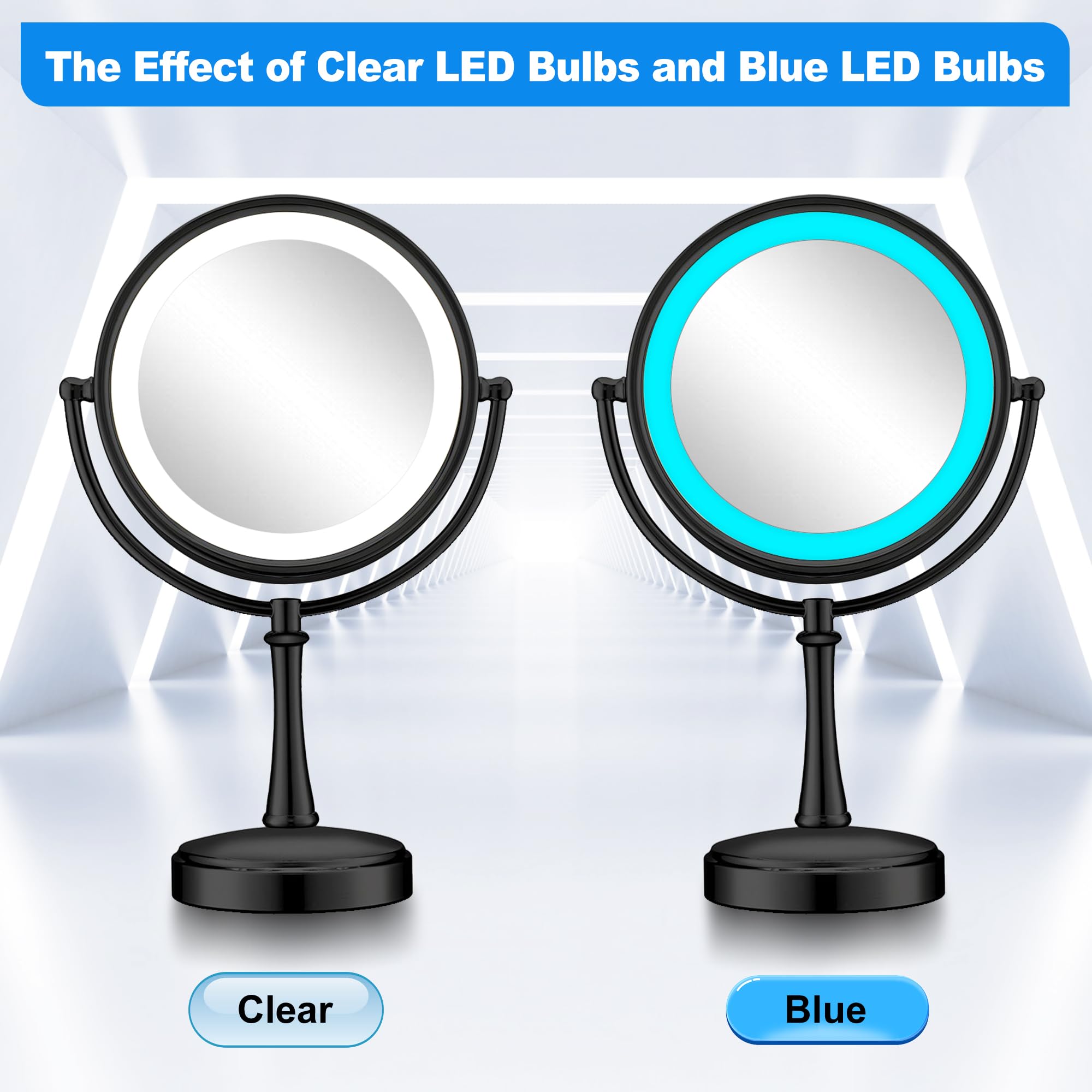 Glooglitter Replacement LED Bulbs Compatible with Conair Makeup Mirror, E12 Candelabra Base T20 Light Bulbs, 2W 120V Replacement Bulbs Compatible with Conair Lighted Makeup Mirror - 2 Clear 2 Blue