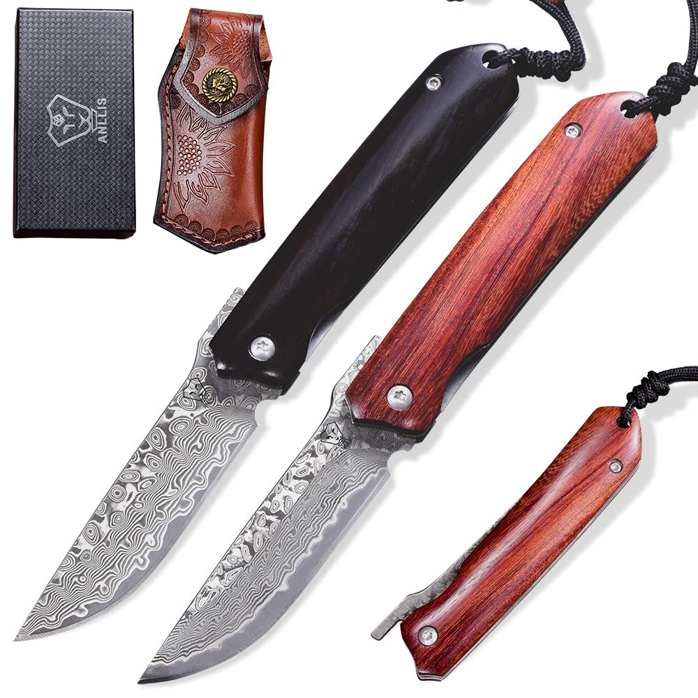 ANLLIS,V29 -aDamascus Steel pocket knife, Hand forged Damascus folding knife, wooden handle outdoor camping and mountaineering multipurpose folding knife, safe lock with scabbard gift knife (RED)