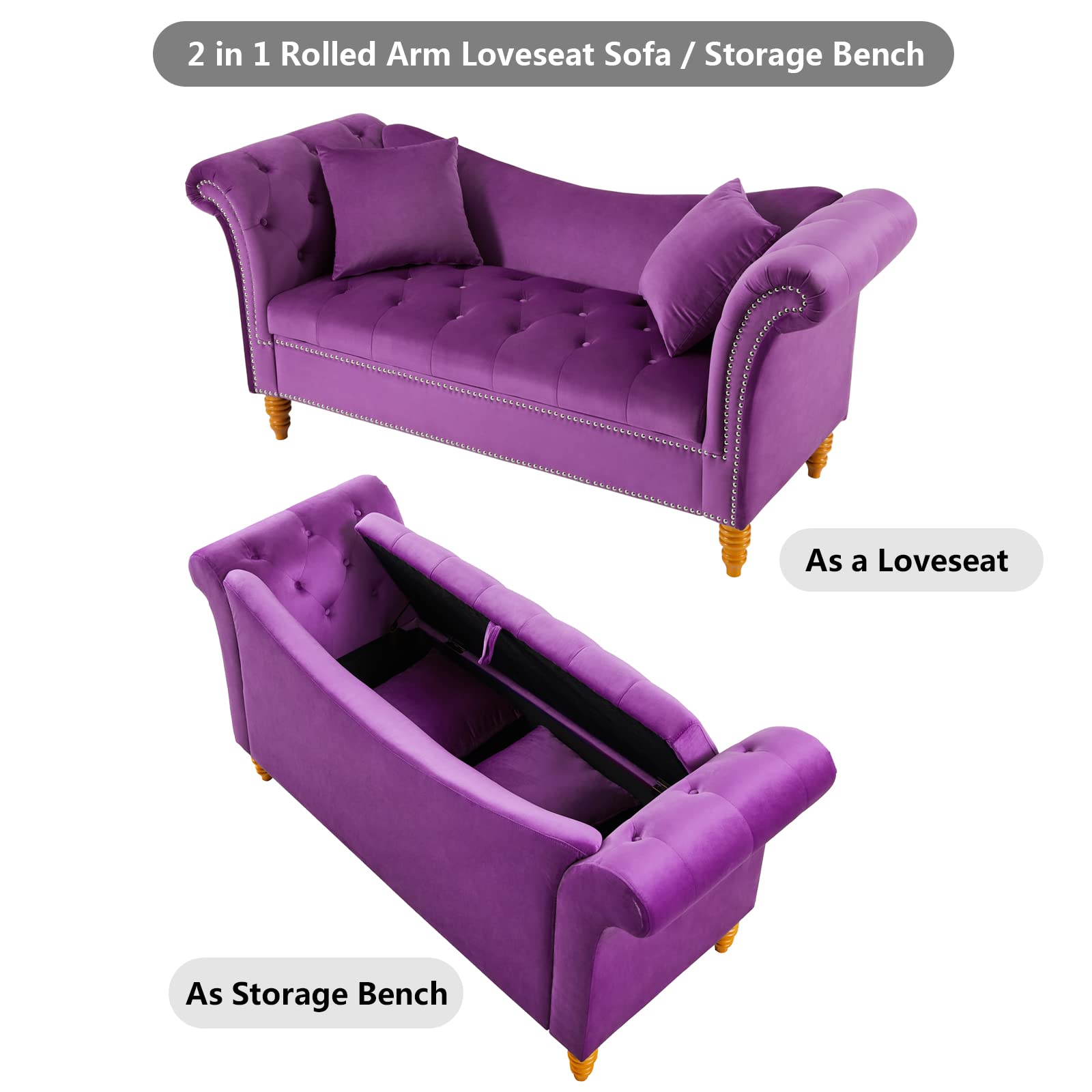 Betoko Velvet Loveseat Sofas Couches with Storage Seat Flared Rolled Arm 2 Seater Sofa for Living Room Bedroom Button Tufted Small Couch with Solid Wood Legs (Purple)