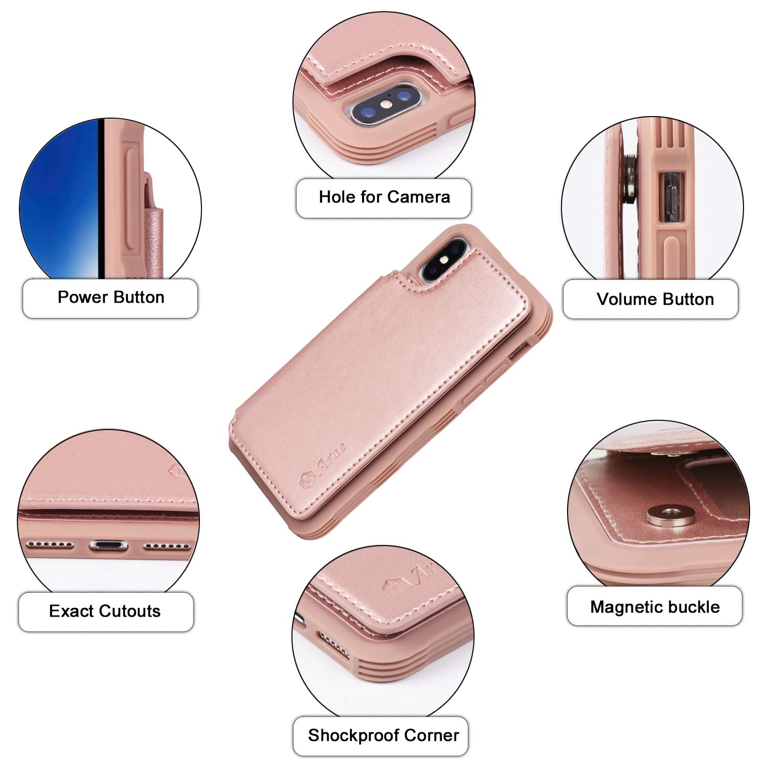 Arae Case for iPhone 7 Plus/iPhone 8 Plus - Wallet Case with PU Leather Card Pockets [Shockproof] Back Flip Cover for iPhone 7 Plus / 8 Plus 5.5 inch (Rosegold)