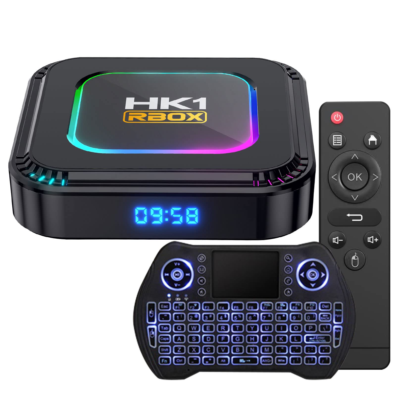 Android TV Box 13.0 4GB RAM 64GB ROM RK3528 WiFi 6 Smart TV Box RGB Light Set Top Box BT5.0 Ultra HD 1080P 4K 8K HLG Mode HDR10+ WiFi 6 USB 3.0 Android Box with Mini Wireless Backlit Keyboard