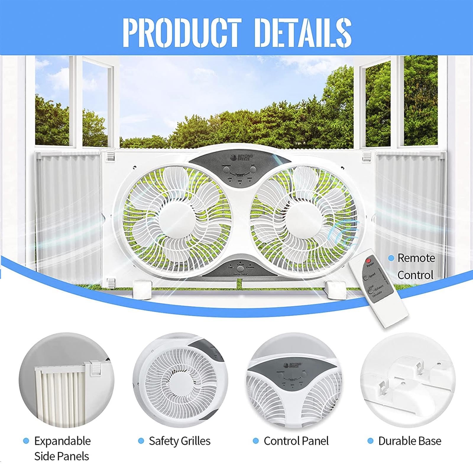BEYOND BREEZE 9" Twin Window Fan, 2-Speed Expandable Dual Window Fan with Reversible Airflow Blades, Manual Controls