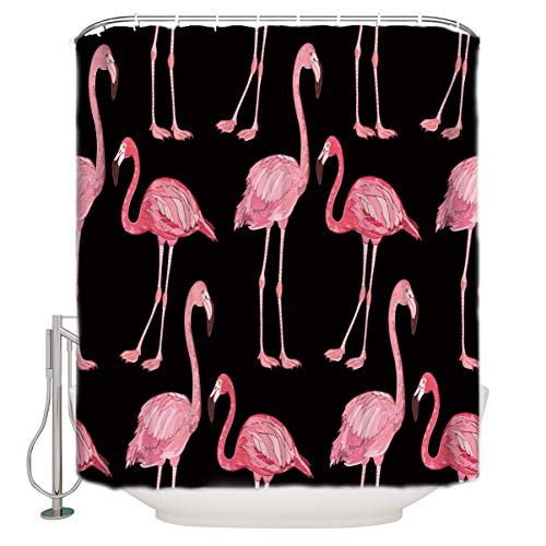 ANNAMALL Shower Curtains,Watercolor Pink Flamingo Pattern Black Background Cloth Shower Curtain for Bathroom,Shower Curtain Set with Curtain Hooks 48"x72"