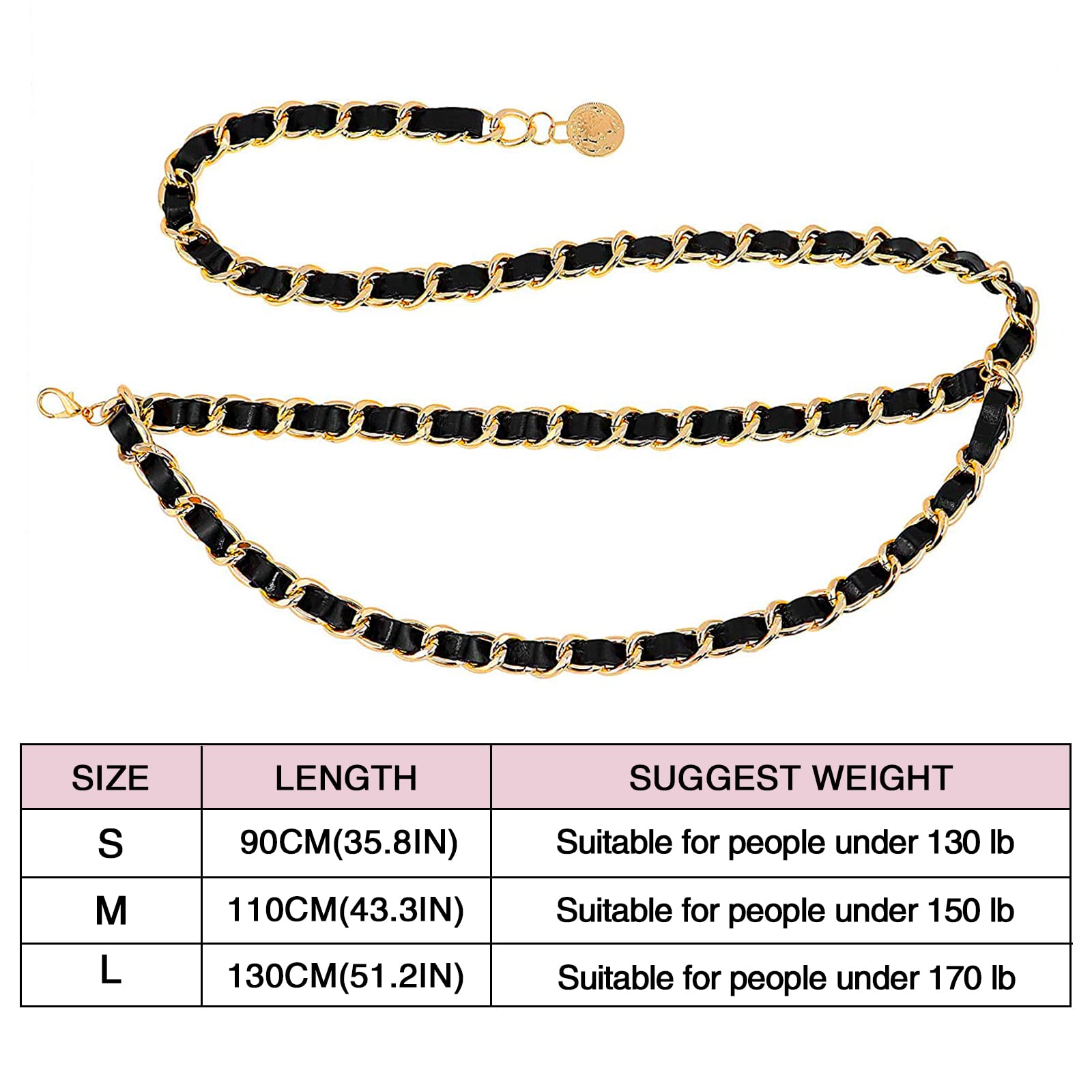 BAOKELAN Women's Leather Chain Belts Double Layer Waist Chain for Jeans Dresses Gold 130CM