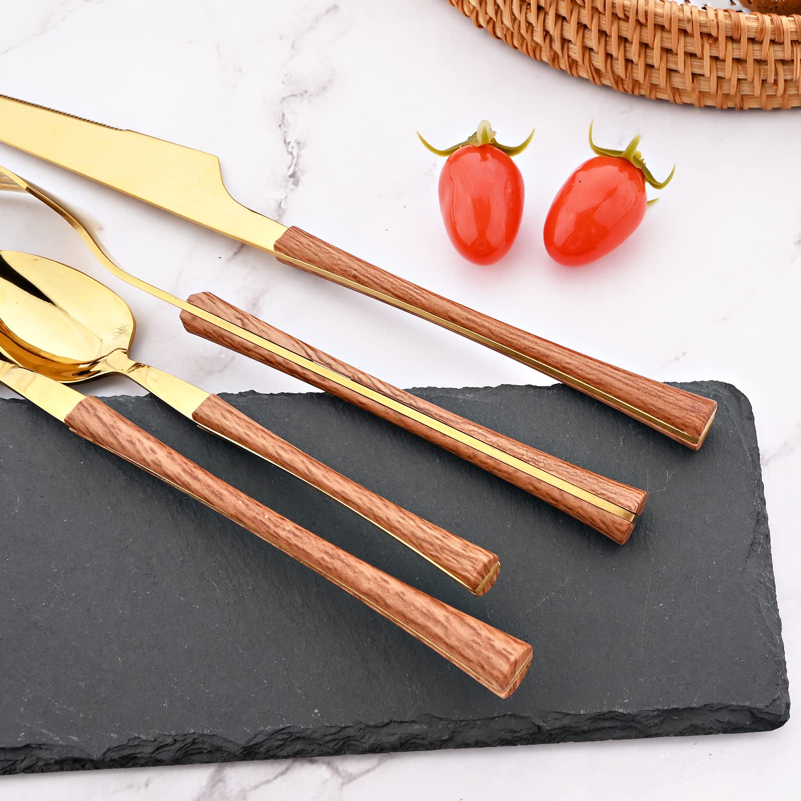 BRIIEC 24-Piece Wood Silverware Flatware Set Stainless Steel Cutlery Service for 6, Including Fork Spoon Knife Tableware, Mirror Polished,Wooden Handle with Gold Mouth