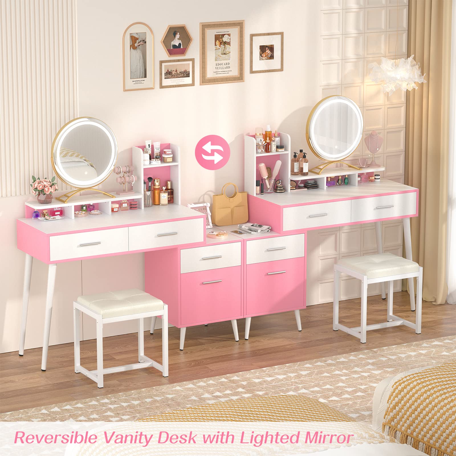 armocity 45 Inches Vanity Desk with Lights, Bright Color Makeup Vanity Table Set with Mirror, Large Dressing Table with Stool for Bedroom, Bathroom, Small Space, 3 Adjustable Lighting Modes, Pink